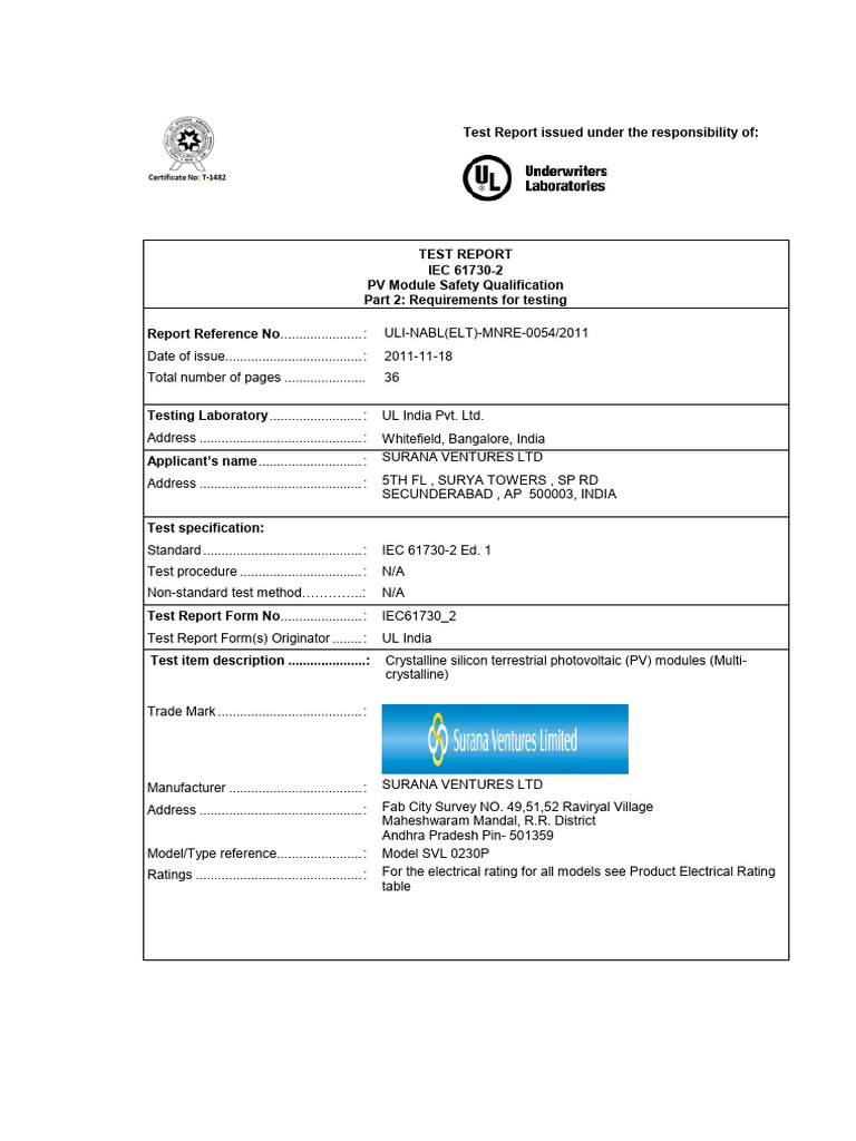 Final Test - IEC-61730 - 2 | PDF | Solar Panel | Electrical Wiring