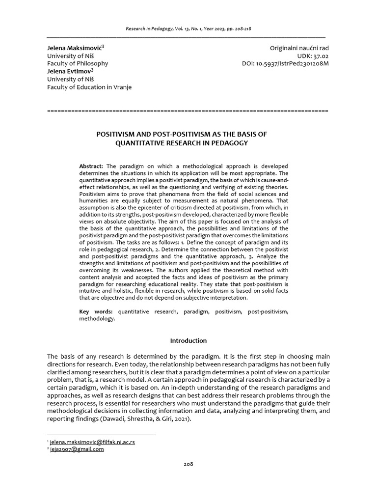 Positivism and Post-Positivism As The Basis of Quantitative Research in Pedagogy | Download Free ...