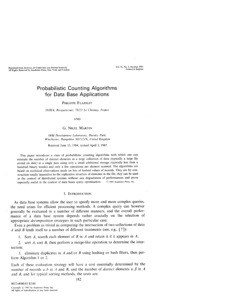Probabilistic Counting Algorithms for Database Applications - Flajolet | PDF