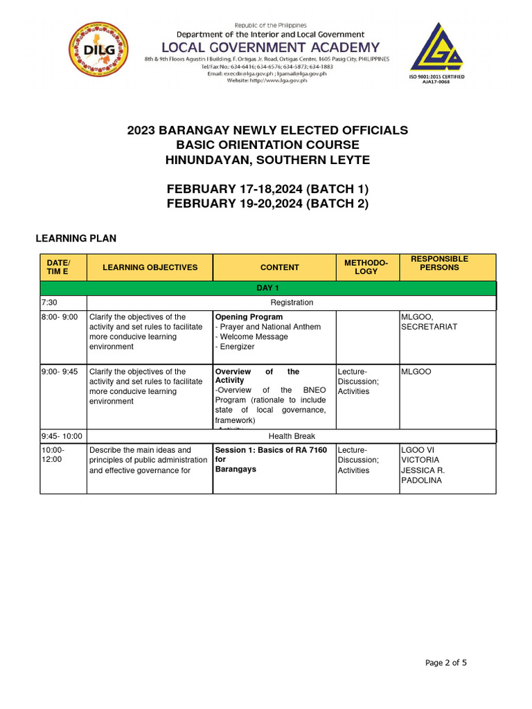 Learning Plan Bneo 2024 Hinundayan | PDF