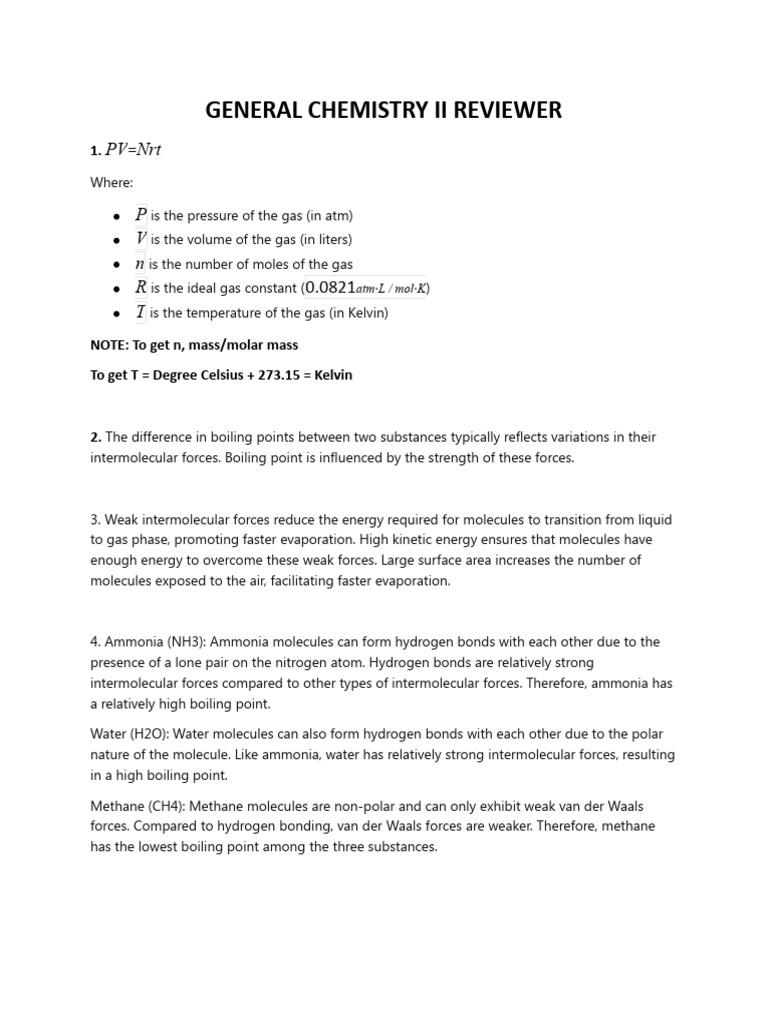 General Chemistry Ii Reviewer | PDF | Intermolecular Force | Gases