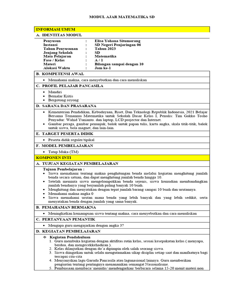 BAB 1 - Modul Ajar Matematika Kls 1 Elisa | PDF