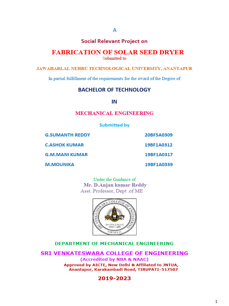 Fabrication of Solar Seed Dryer: Social Relevant Project On | PDF ...
