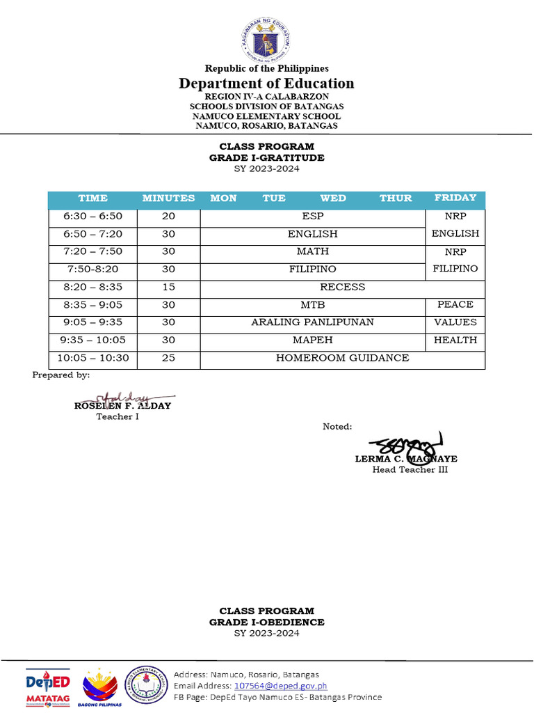 Namuco Elementary Class Schedules 2023 | PDF | Government | Public Administration