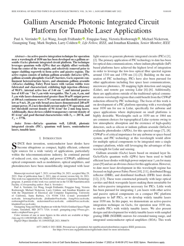 Gallium Arsenide Photonic Integrated Circuit Platform For Tunable Laser ...