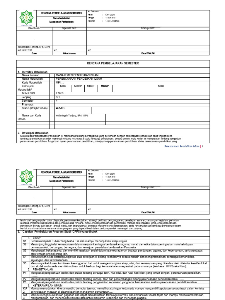 RPS Perencanaan Pendidikan Islam | PDF | Karier & Perkembangan