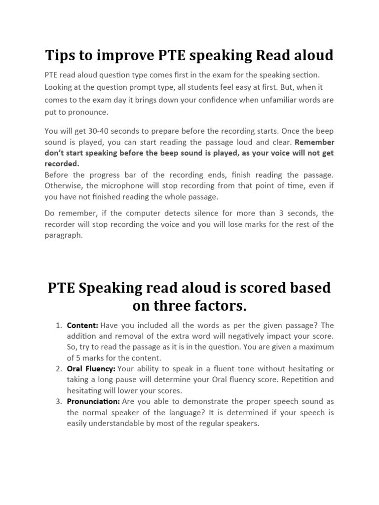 Tips To Improve PTE Speaking Read Aloud | PDF | Fluency | Human ...