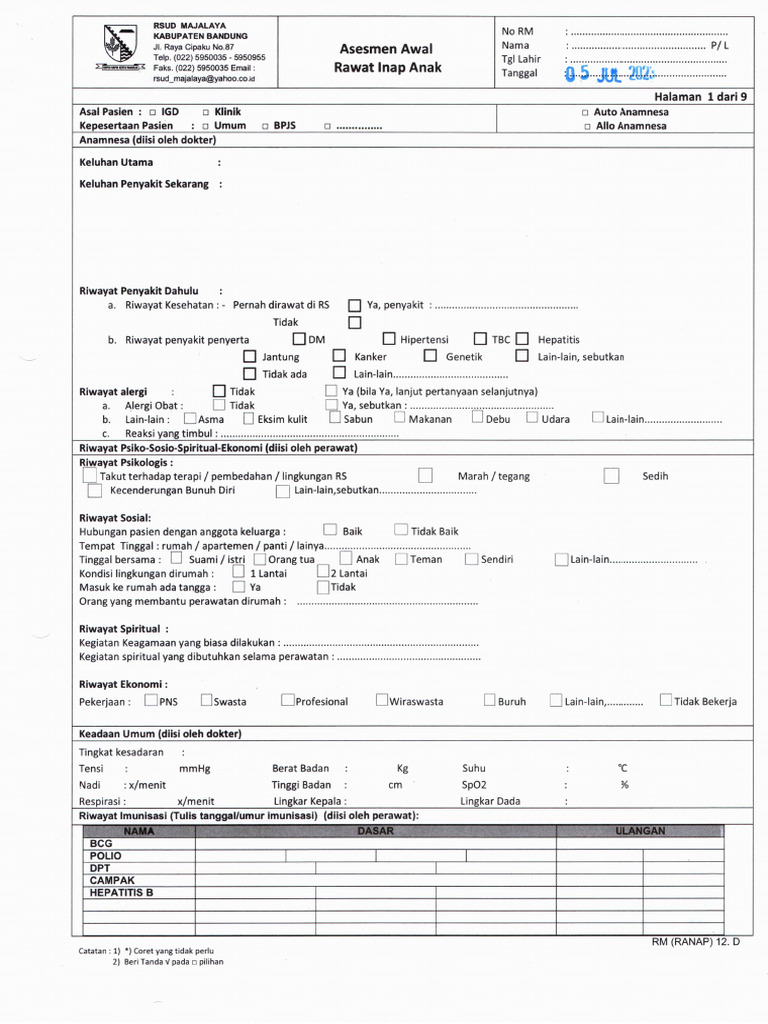 Asesmen Awal Ranap Anak | PDF