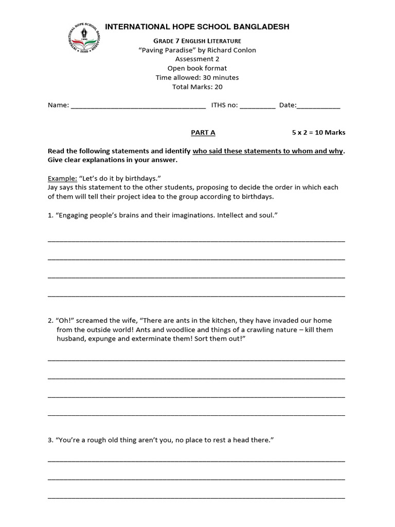 Class 7 - LITERATURE - Paving Paradise Assessment 2 Whole Text | PDF ...
