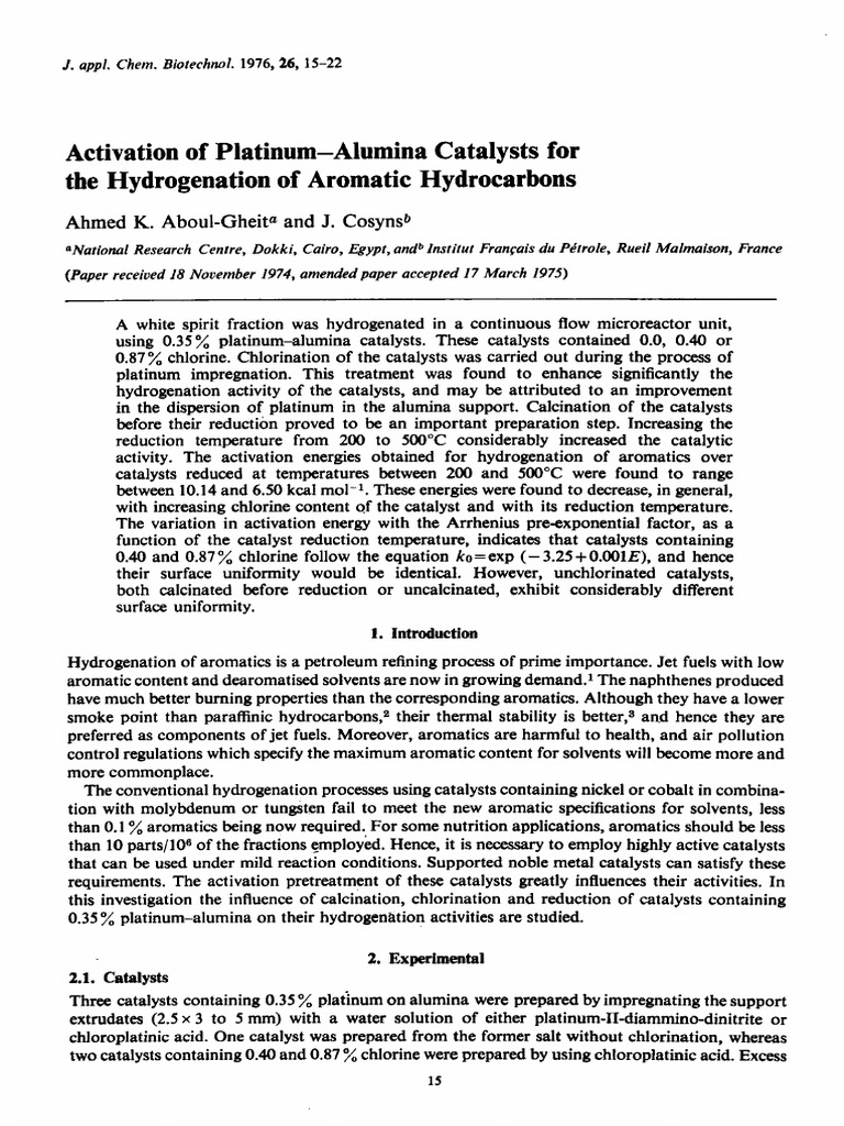 Activation of Platinum Alumina Catalysts For Hydrogenation of Aromatics ...