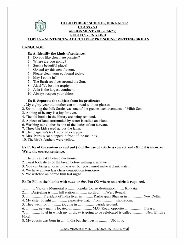 Class 6 Assignment 1 2024-25 | PDF