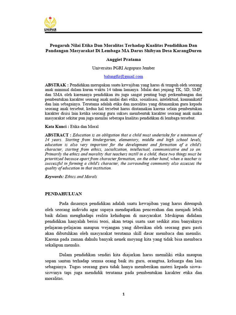 Pengaruh Etika Dan Moralitas Terhadap Kualitas Pendidikan Dan Pandangan Masyarakat Di Lembaga MA ...