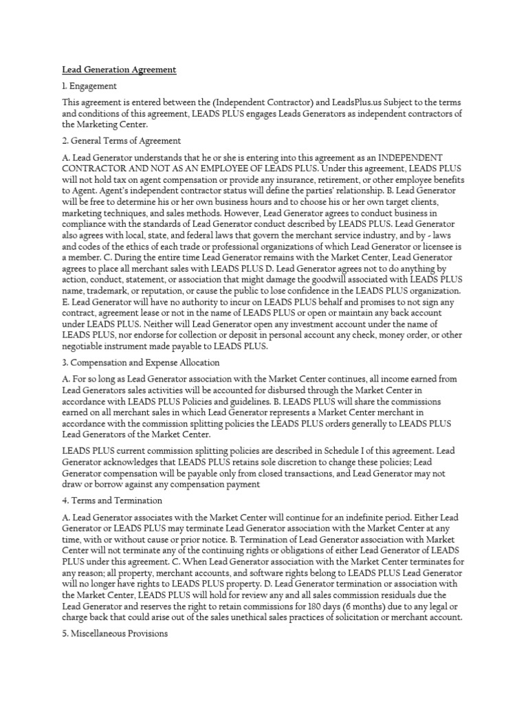 Lead Generation Agreement | PDF | Employment | Private Law