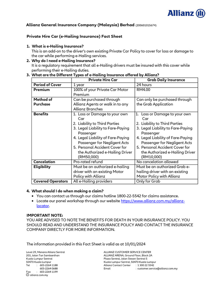 Allianz E-Hailing Insurance Overview | PDF | Insurance | Liability ...