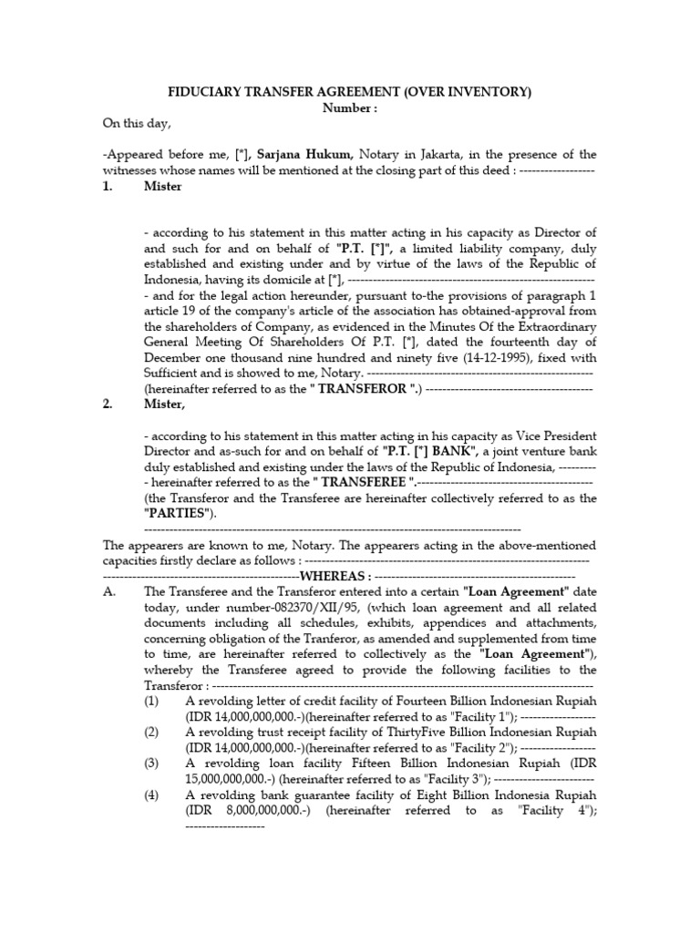 Fiduciary Transfer Agreement | PDF | Indonesian Rupiah | Indemnity
