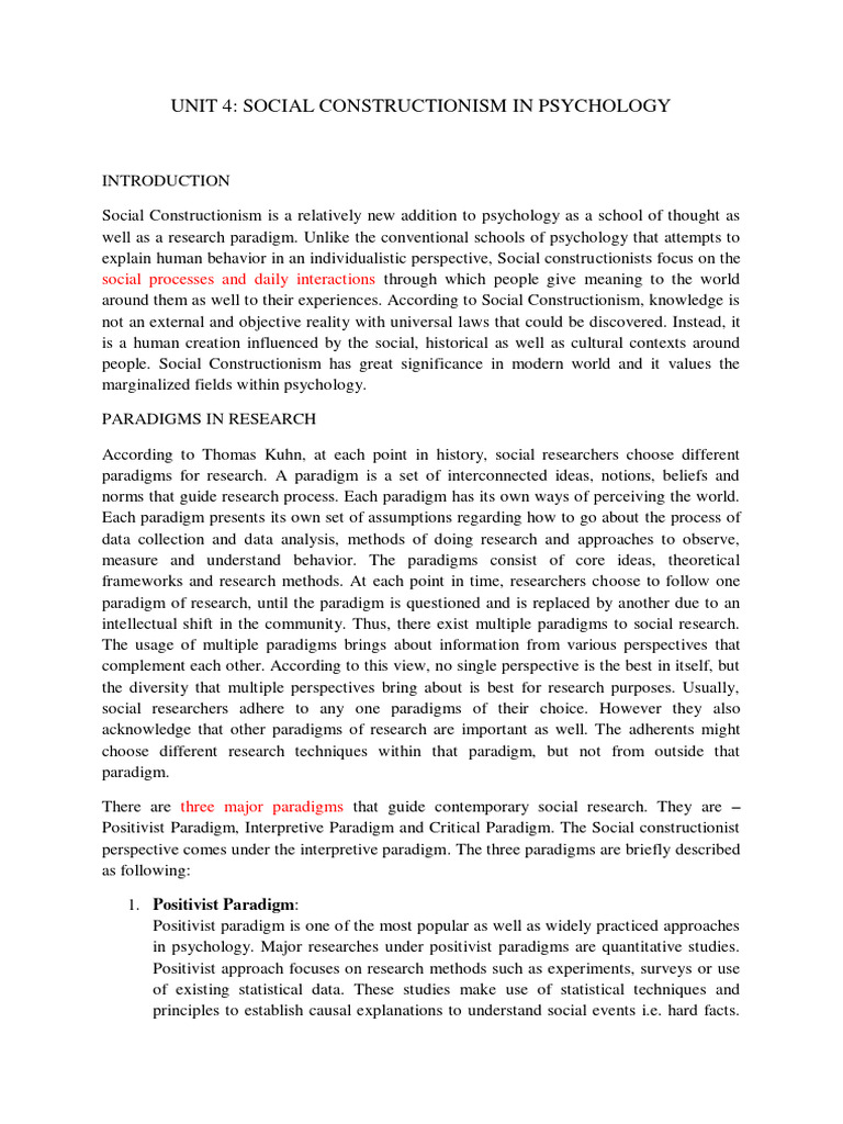 UNIT 4 SOCIAL CONSTRUCTIONISM IN PSYCHOLOGY UG 3rd | PDF | Social ...