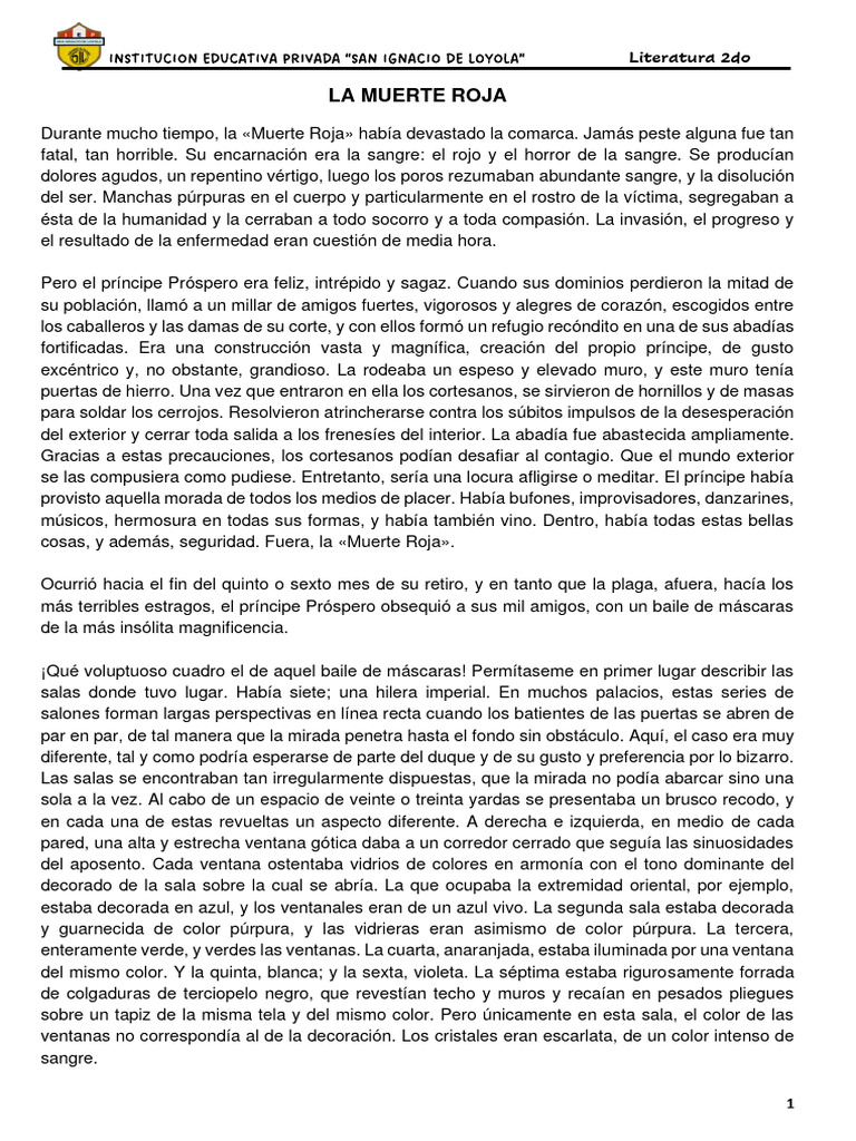 Ficha Cuento de Terror La Mascara Roja Alan Poe | PDF | Color