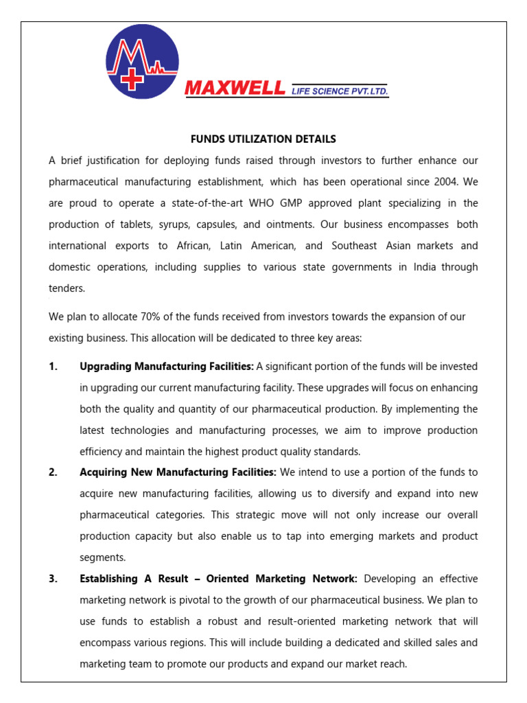 Pharma Expansion Plan for Investors | PDF | Marketing | Revenue