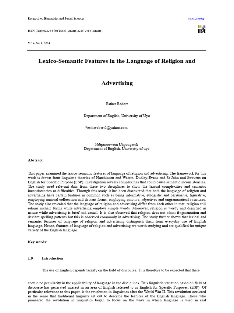 LexicoSemantic Features in The Language of Religion | PDF | Linguistics | Semantics