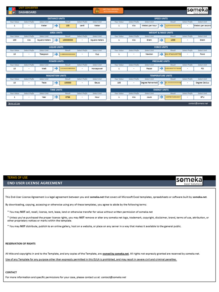 Unit Converter Someka Excel Template V9 Free Version | PDF | License ...