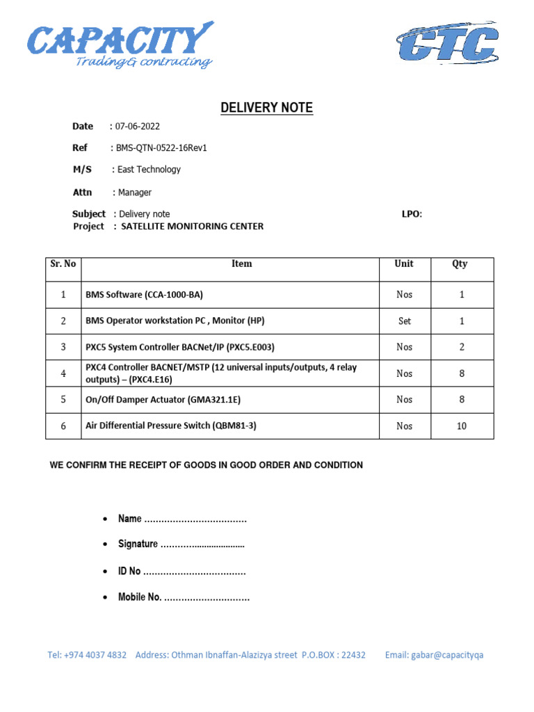 Delivery Note for BMS Equipment | PDF | Computers | Technology ...