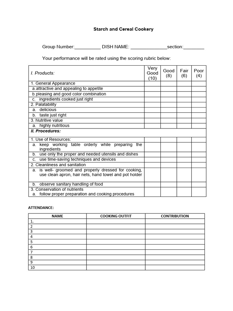 Starch and Cereal Cookery RUBRICS | PDF