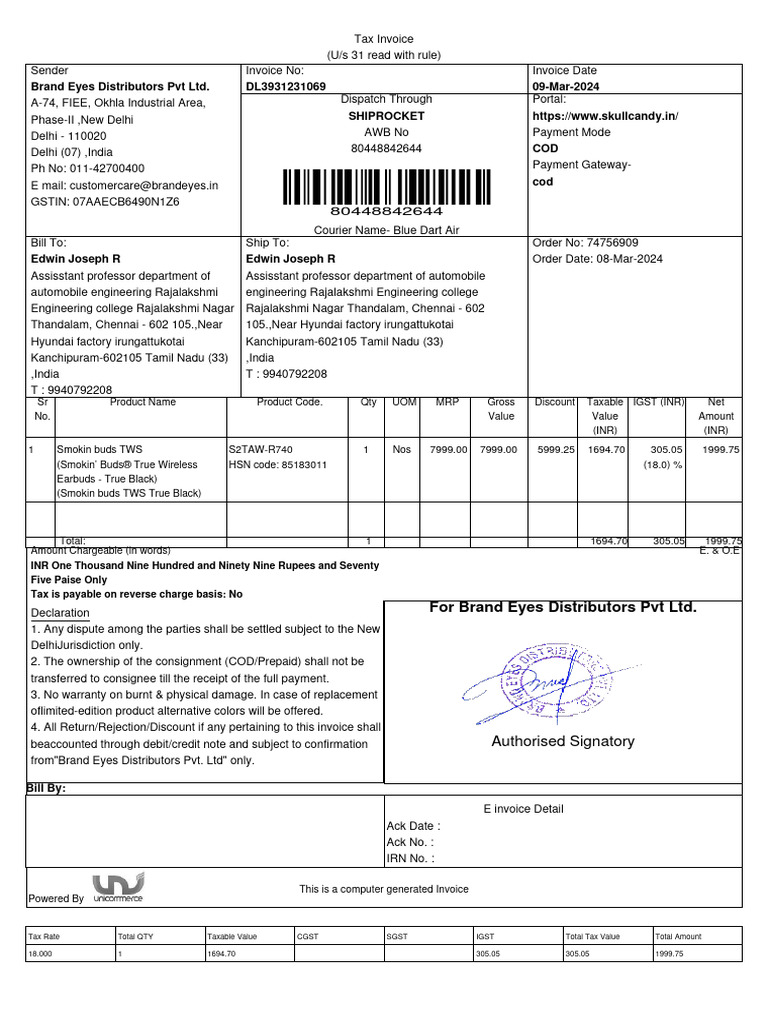 Invoice Shipment SKUL247135 Order 74756909 | PDF | Payments | Taxes