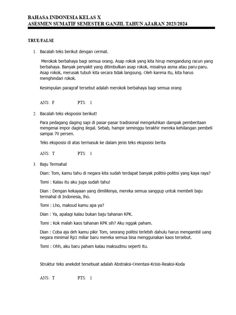 Soal As Ganjil Bahasa Indonesia 2023-2024 | PDF
