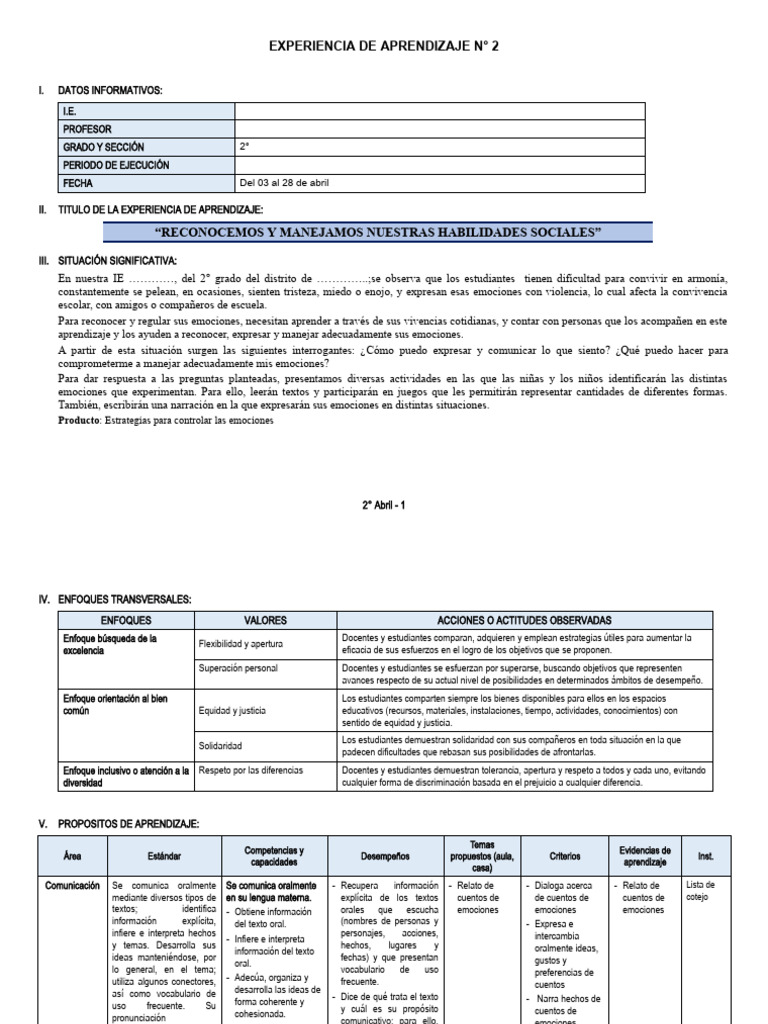 2° Grado - Experiencia de Aprendizaje N°02 | PDF | Las emociones | Aprendizaje