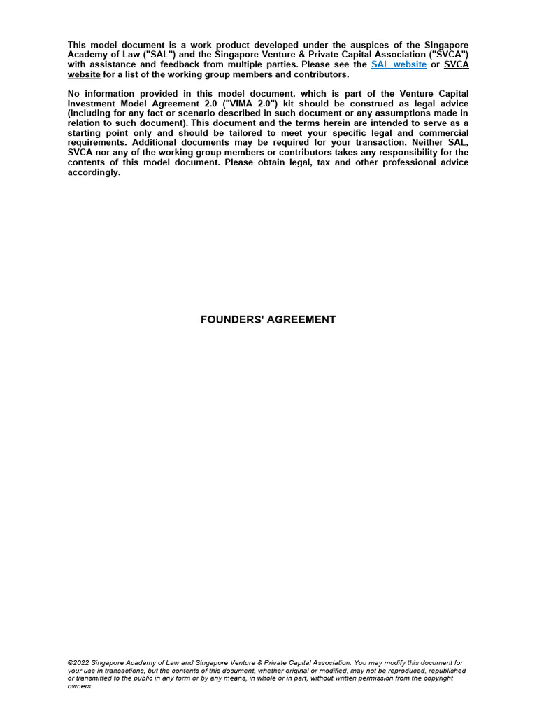 VIMA 2.0 Model Founders' Agreement (Revised) (Clean) | PDF | Real Estate Appraisal | Legal Remedy