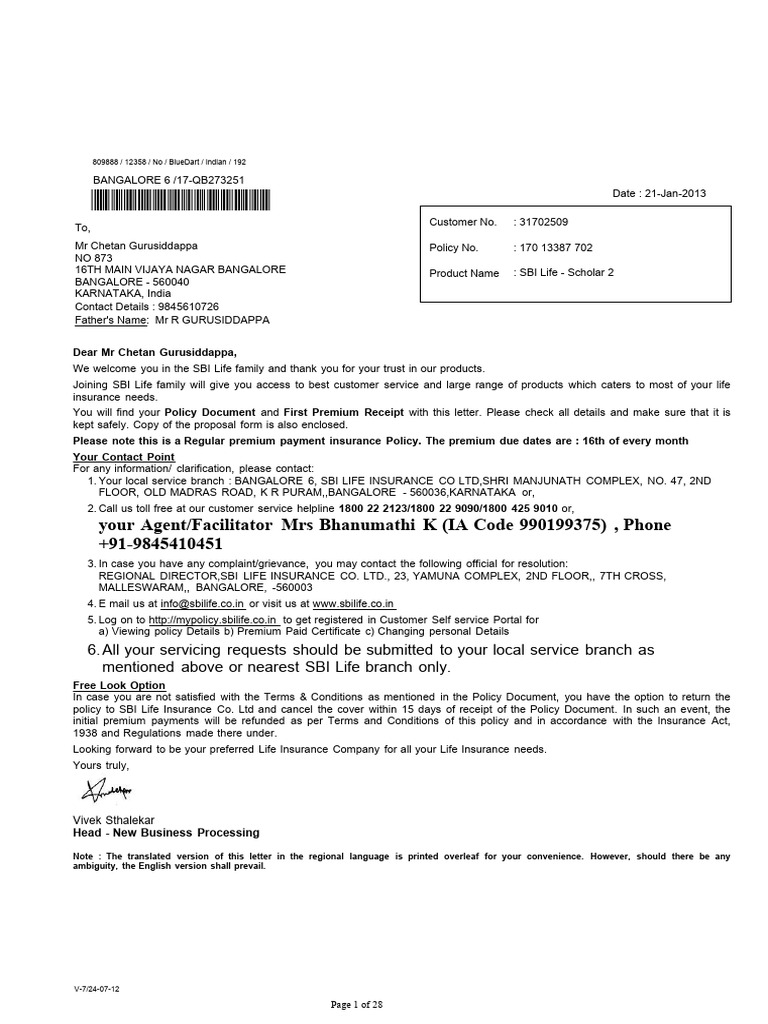 Your Agent/Facilitator Mrs Bhanumathi K (IA Code 990199375), Phone +91 ...