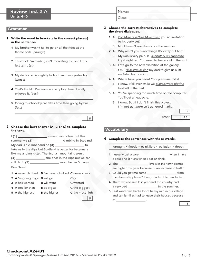Checkpoint A2+ B1 Review Test 2 A | PDF | Chef | Restaurants