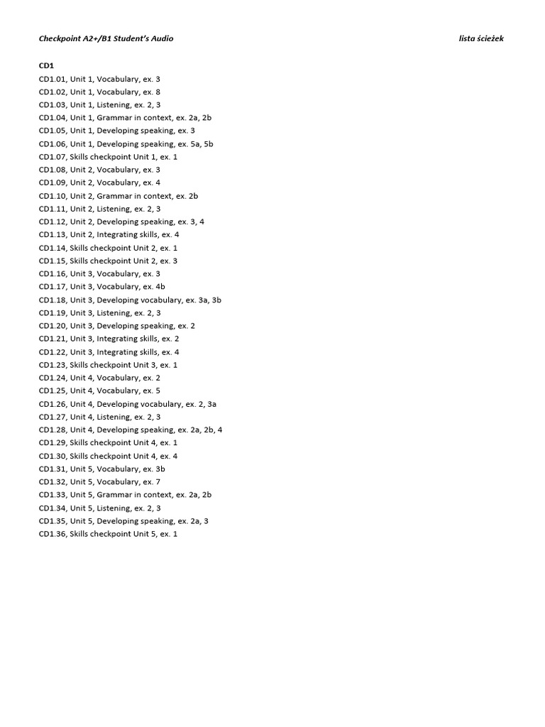 Checkpoint A2plus B1 Students Audio Lista Sciezek | PDF | Linguistics ...