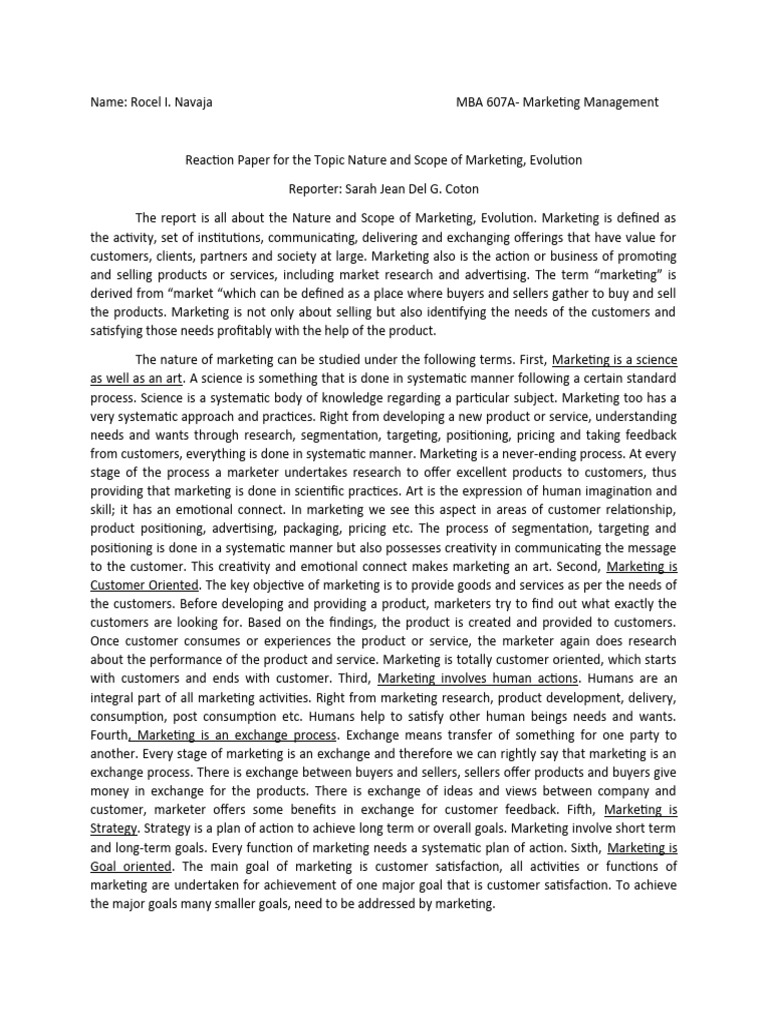 Nature and Scope of Marketing, Evolution Reaction Paper | PDF ...