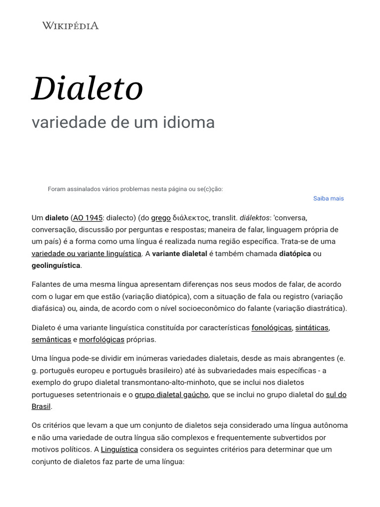 Dialeto - Wikipédia, A Enciclopédia Livre | PDF | Dialeto | Variedades ...