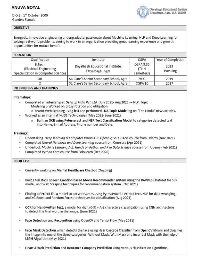 1901841_RESUME | PDF | Deep Learning | Machine Learning