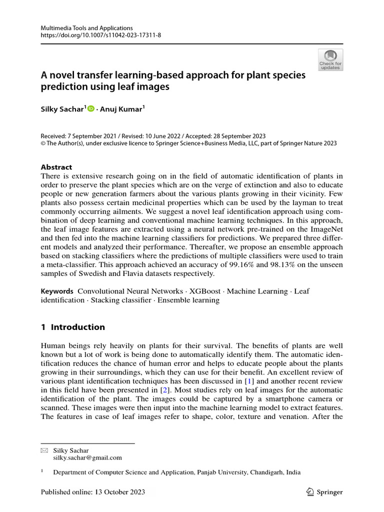 A Novel Transfer Learning Based Approach For Plant Species Pdf Deep Learning Machine Learning