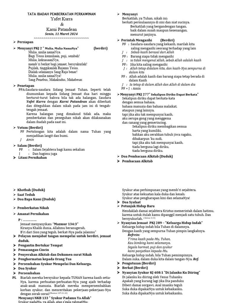 TATA IBADAH PEMBERKATAN NIKAH Yafet & Karni | PDF