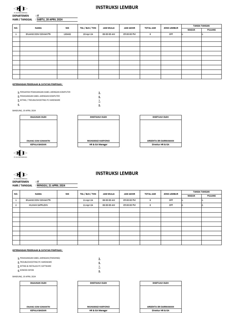 Formulir Instruksi Lembur | PDF