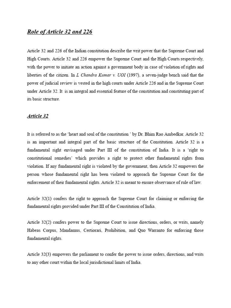 Role of Article 32 and 226 | PDF | Writ | Certiorari