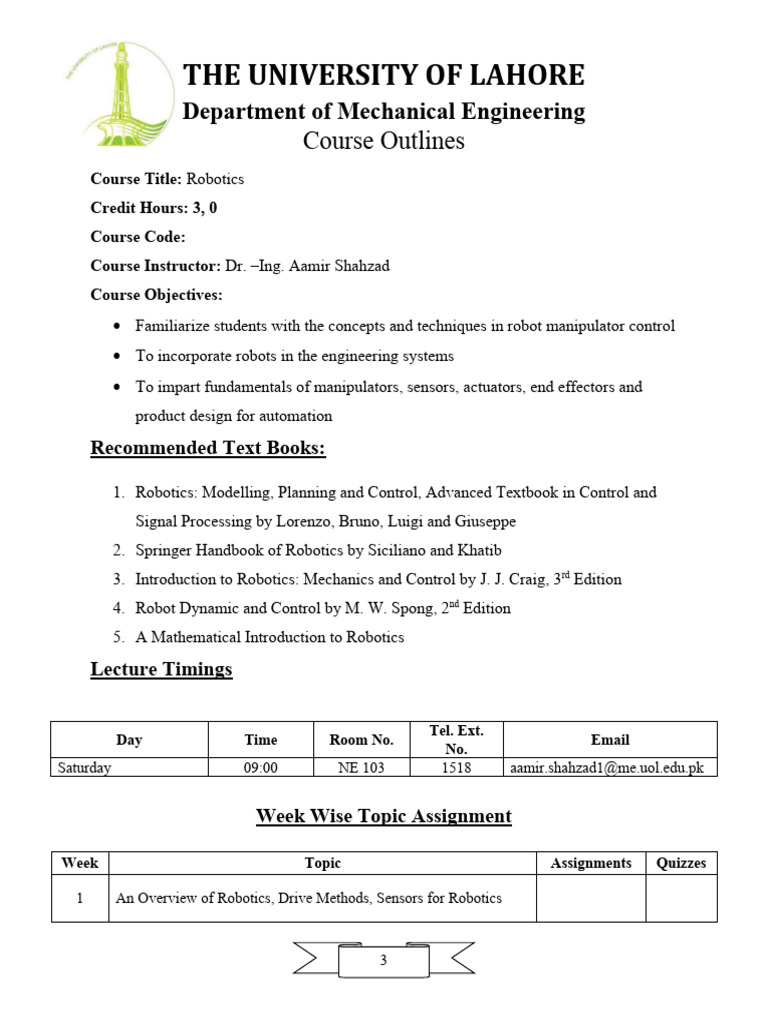 Robotics Course Outline | PDF | Robotics | Robot