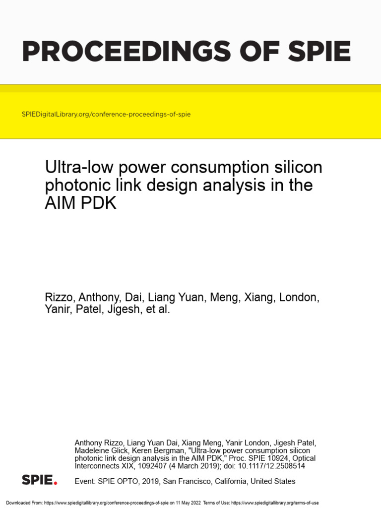 Proceedings of Spie: Ultra-Low Power Consumption Silicon Photonic Link ...