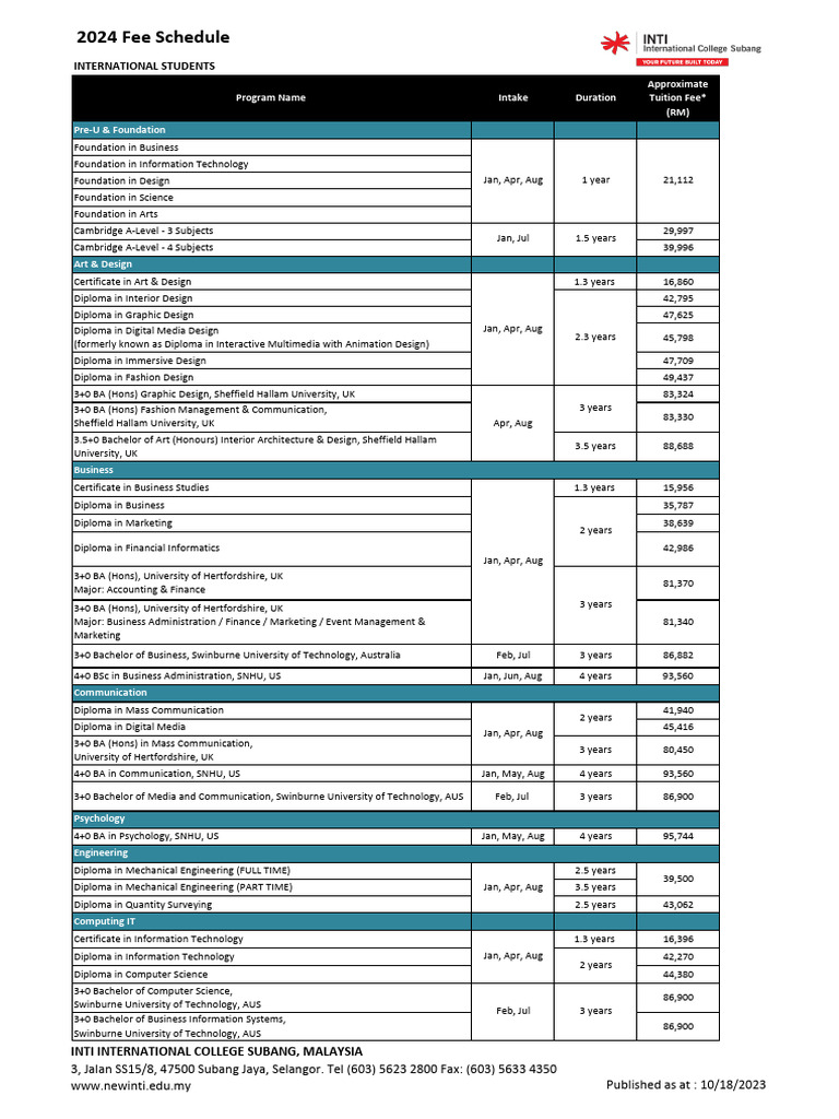 2024 International Student Fee Schedule | PDF | Payments | Cheque