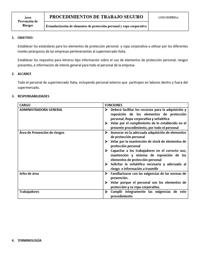 PTS PROCEDIMIENTO Estandarizacion de EPP Supermercado | PDF | Business | Ropa