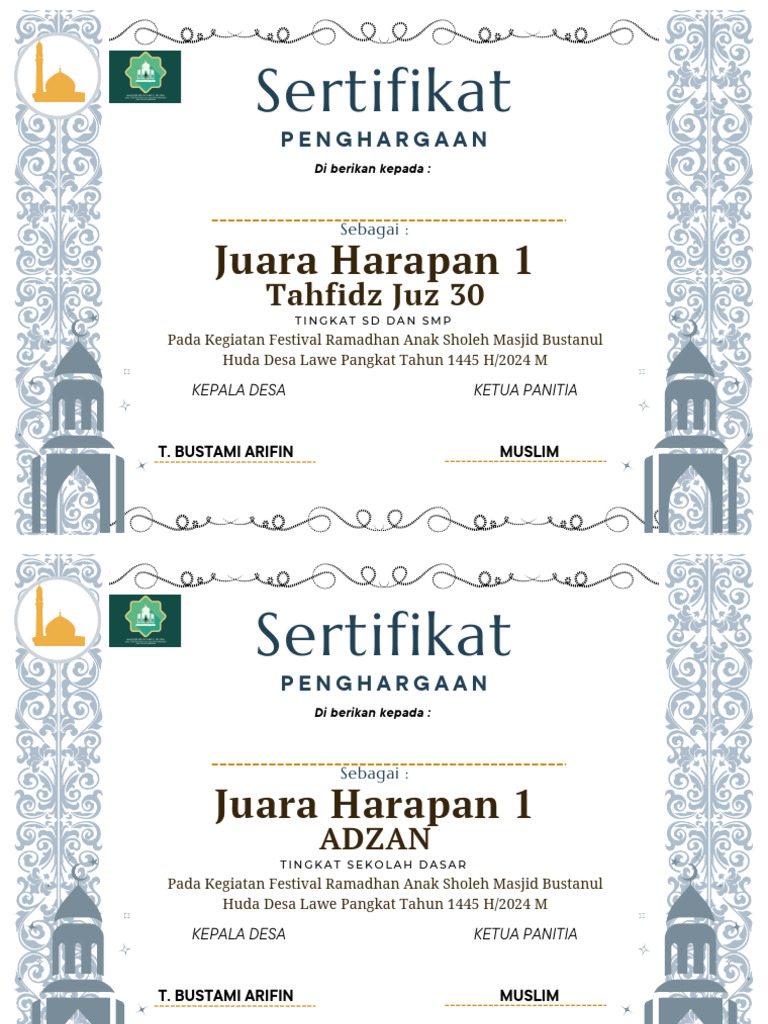 contoh sertifikat juara harapan 1 | PDF