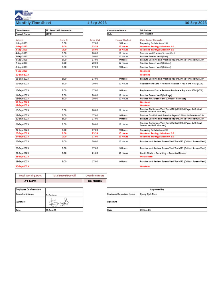 ATS Timesheet Form - Tri Sutisna - Sept'2023 | PDF | Service Industries ...