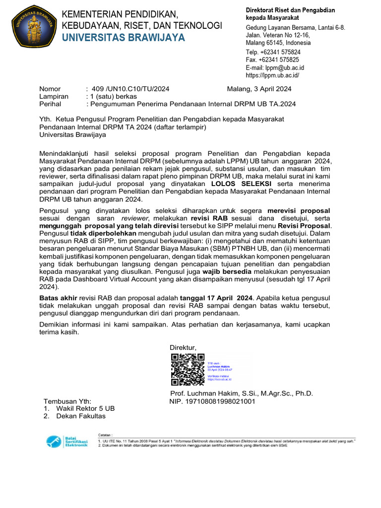 Pengumuman Penerima Pendanaan Internal DRPM UB TA.2024 | PDF | Sains ...