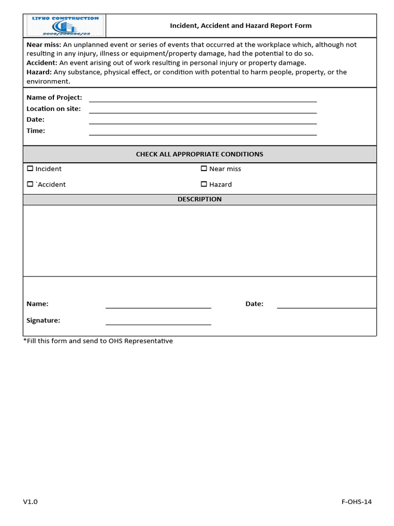 F-OHS-14 Incident, Accident and Hazard Report Form | PDF