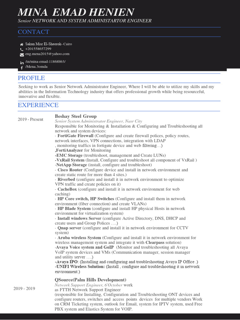 Mina Emad - (CV) | PDF | Computer Network | Voice Over Ip