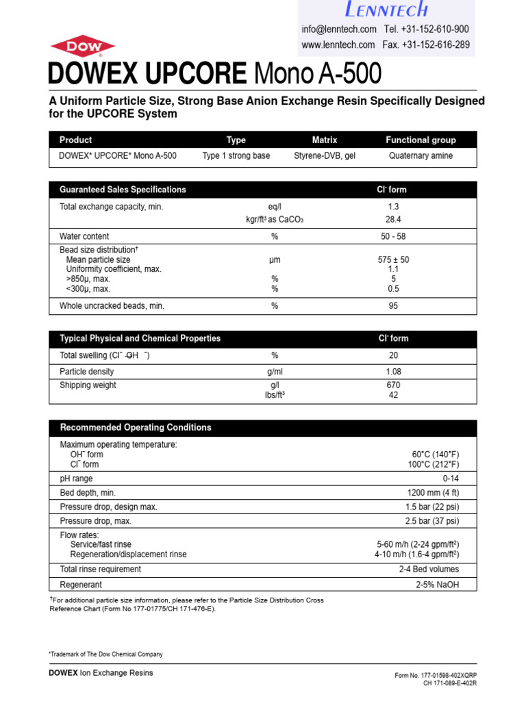 Dowex Upcore Mono A 500 L | PDF | Physical Sciences | Chemical Substances